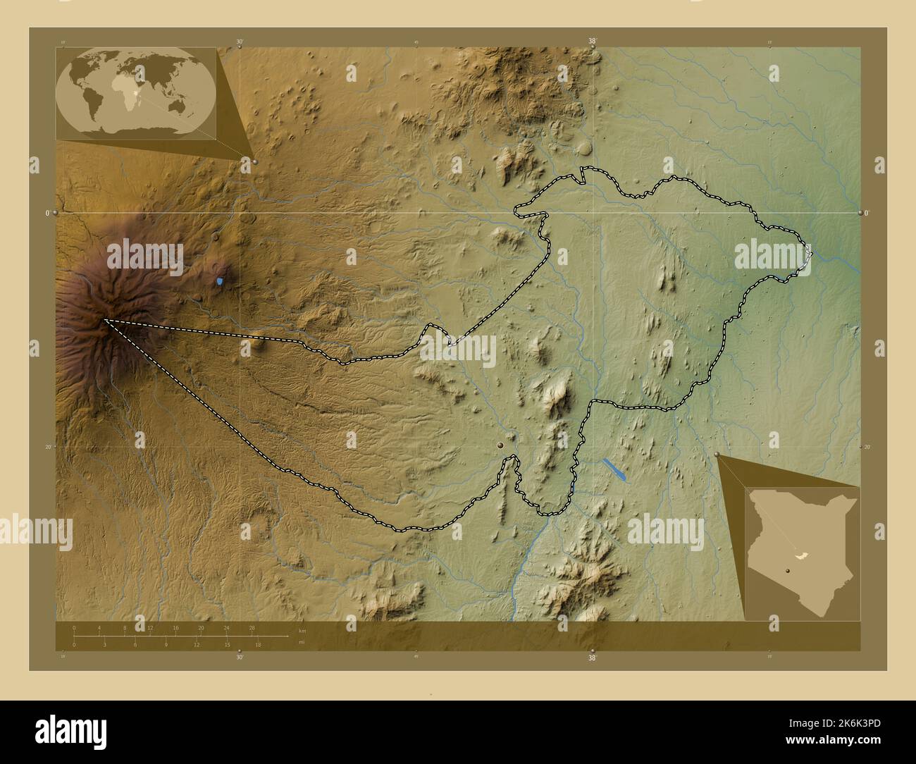 Tharaka-Nithi, county of Kenya. Colored elevation map with lakes and ...