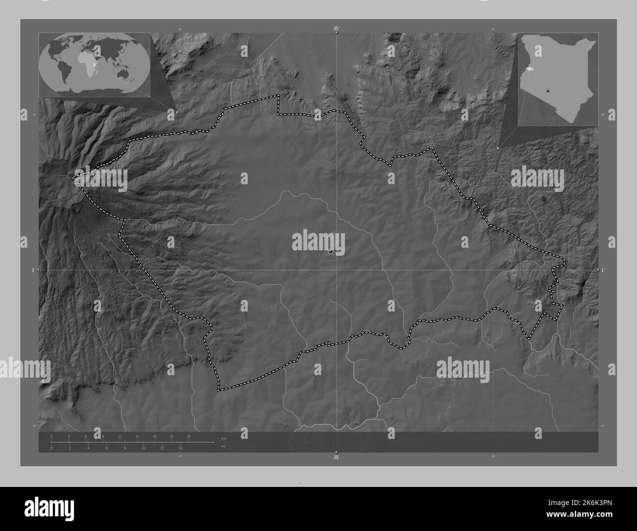 Trans Nzoia, county of Kenya. Grayscale elevation map with lakes and ...