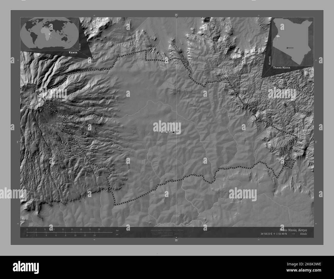 Trans Nzoia, county of Kenya. Bilevel elevation map with lakes and ...