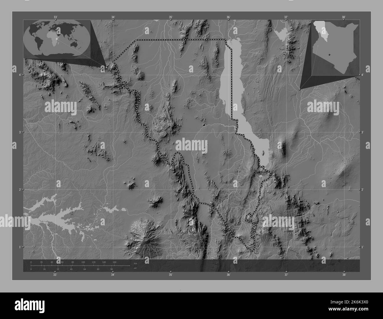 Turkana, county of Kenya. Bilevel elevation map with lakes and rivers ...