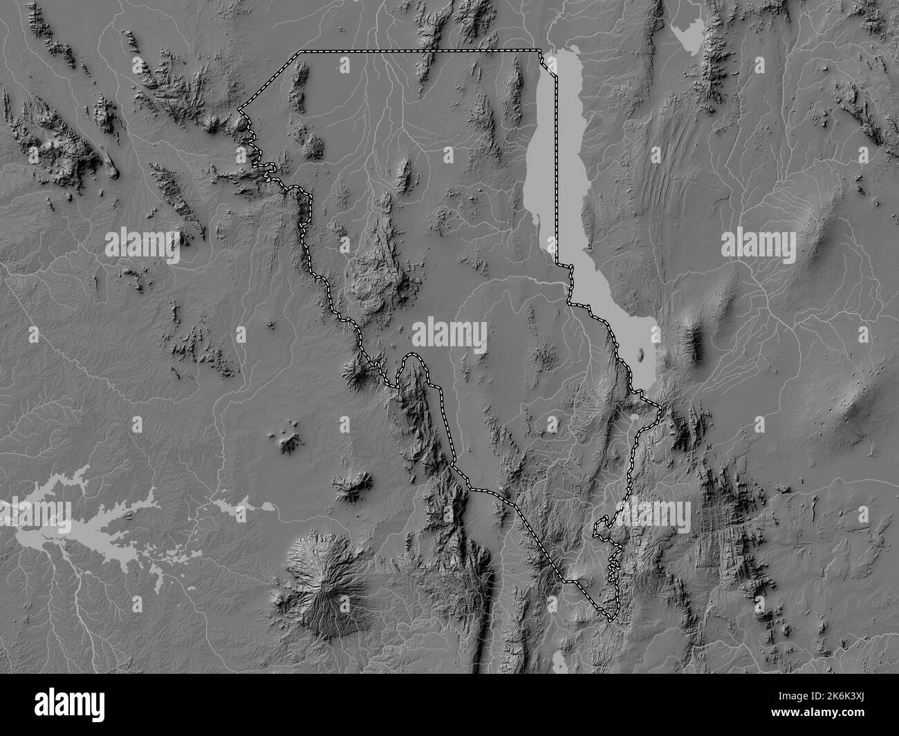 Turkana, county of Kenya. Bilevel elevation map with lakes and rivers ...