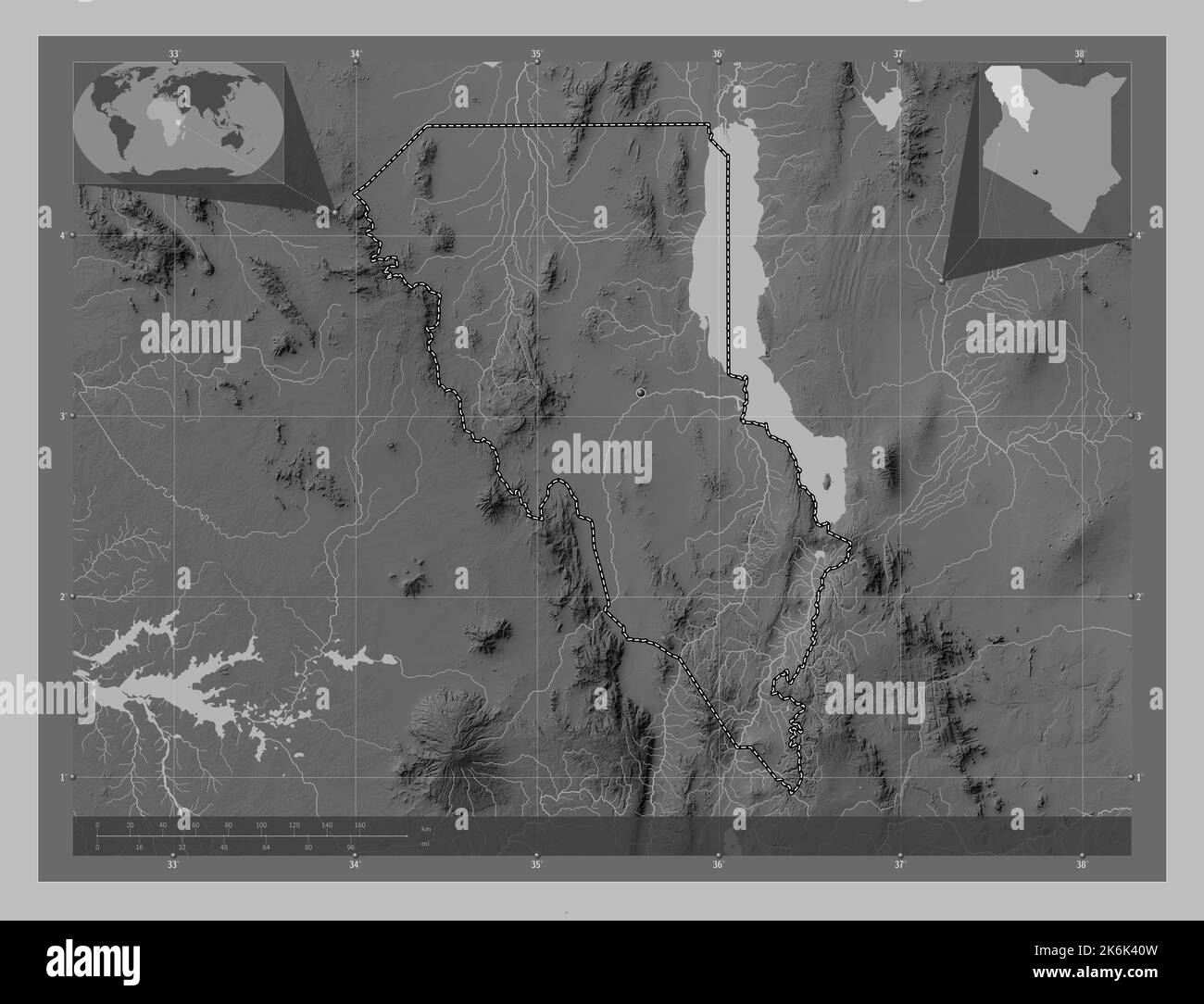 Turkana, county of Kenya. Grayscale elevation map with lakes and rivers ...