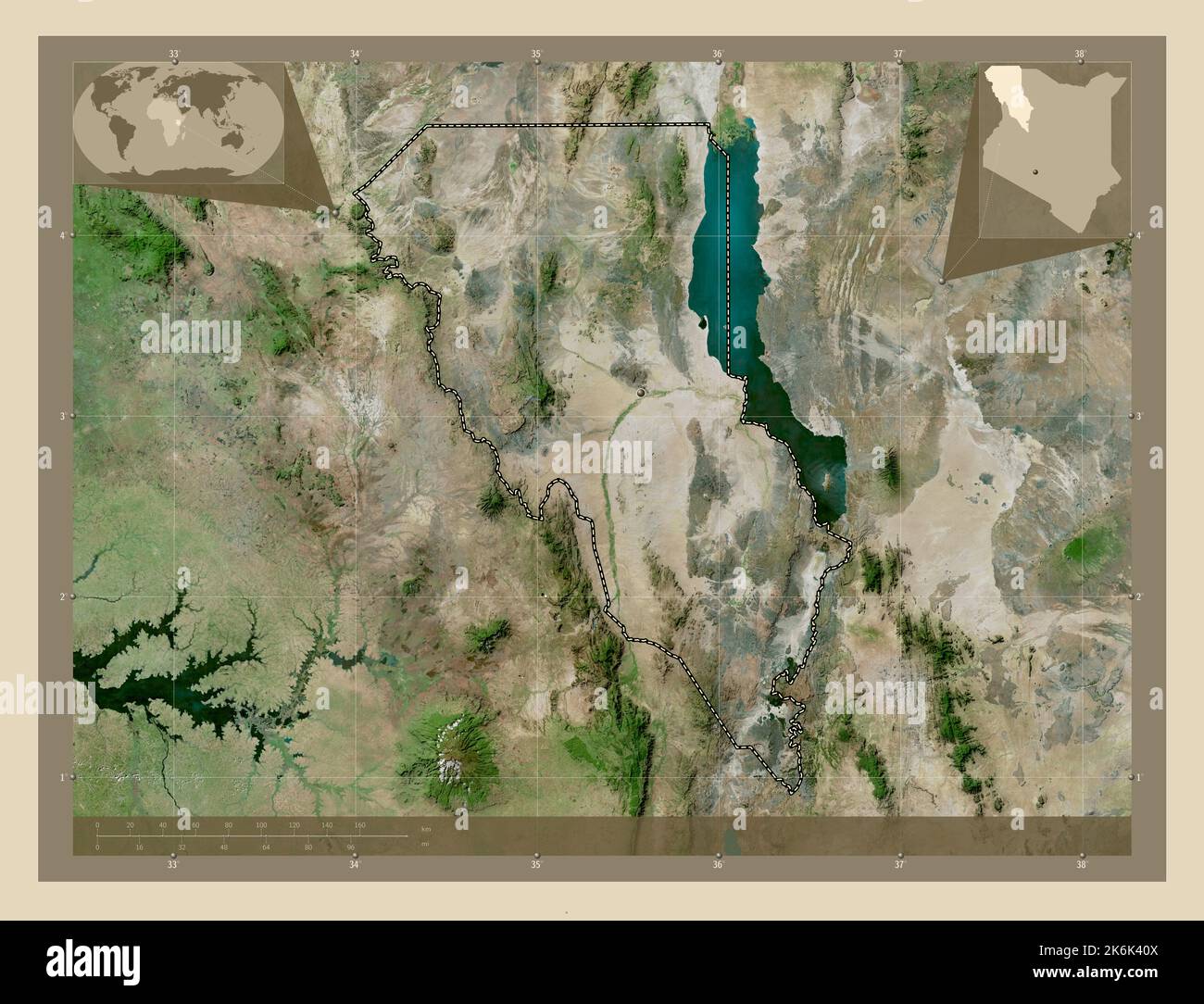 Turkana, county of Kenya. High resolution satellite map. Corner ...
