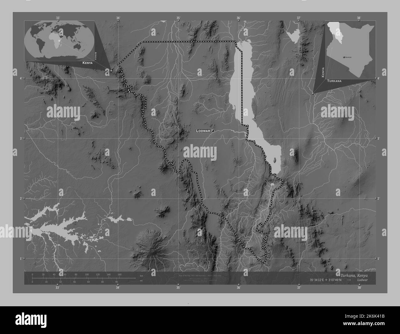 Turkana, county of Kenya. Grayscale elevation map with lakes and rivers ...