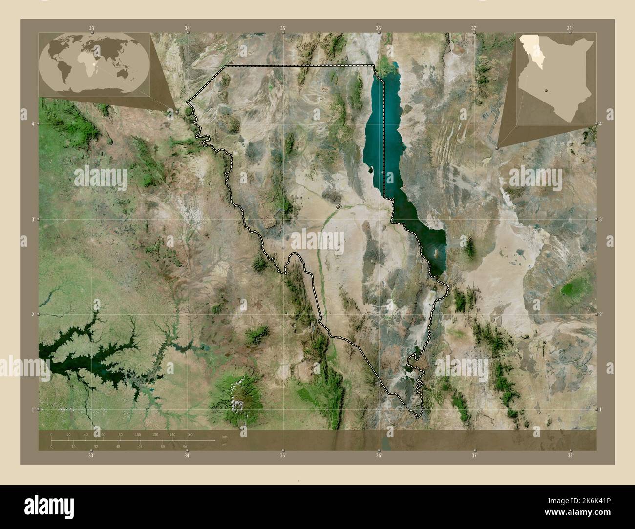 Turkana, county of Kenya. High resolution satellite map. Locations of ...