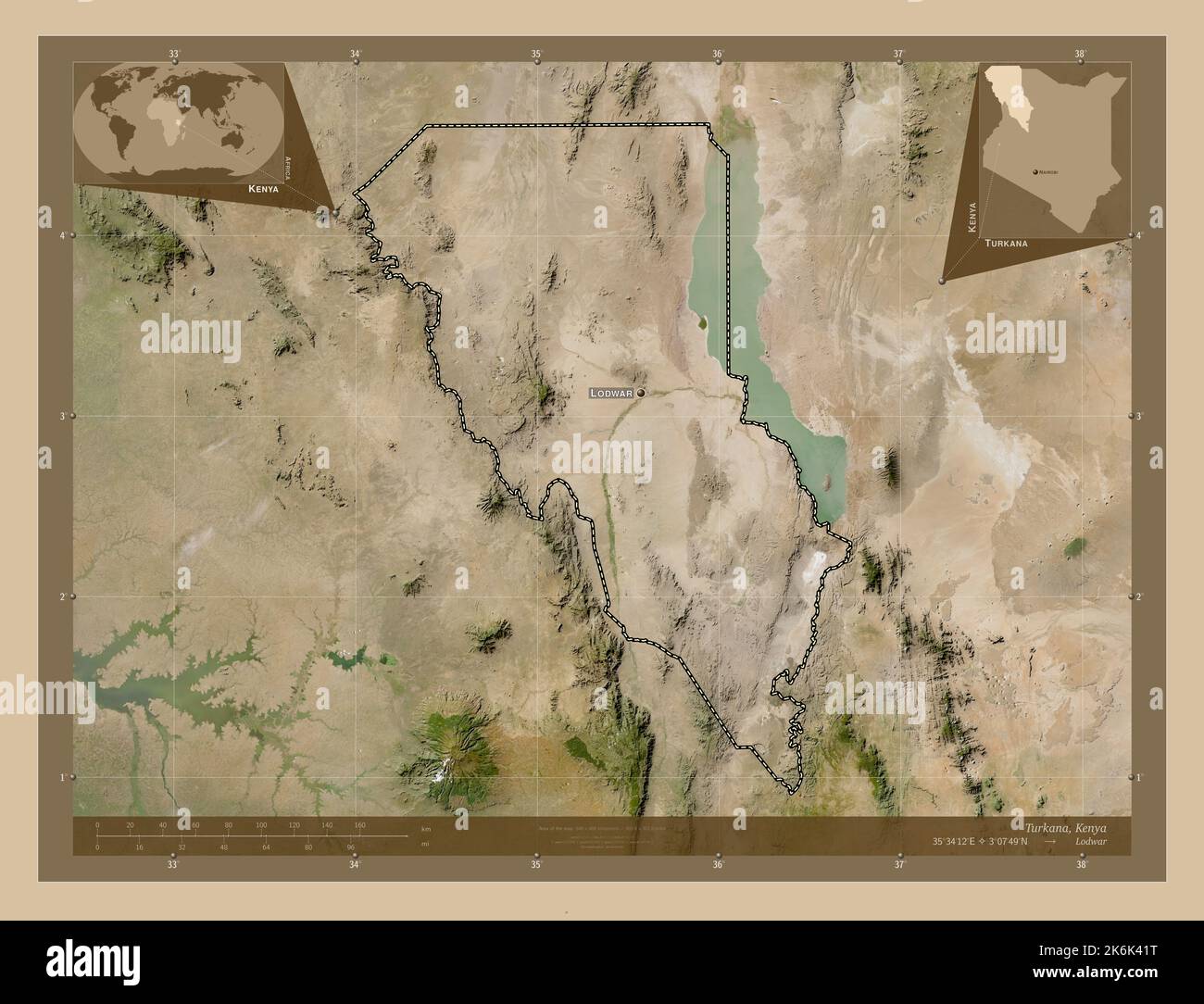 Turkana, county of Kenya. Low resolution satellite map. Locations and ...