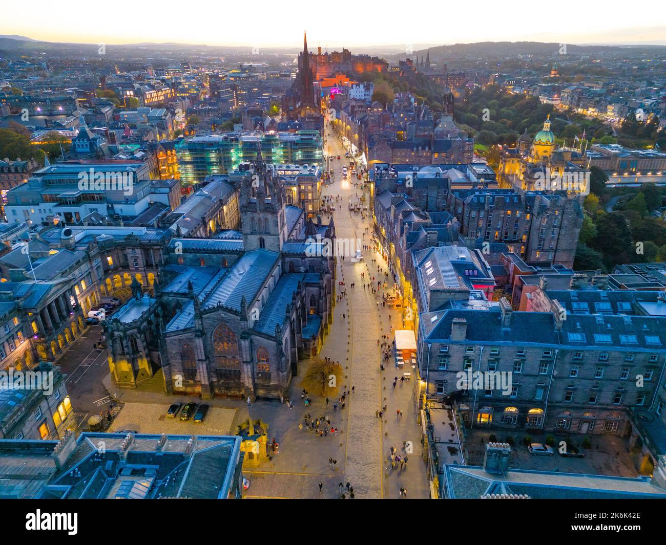 Aerial view at dusk of the Royal Mile and St Giles Cathedral in ...