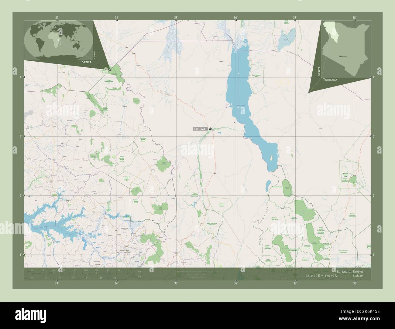 Turkana, county of Kenya. Open Street Map. Locations and names of major ...