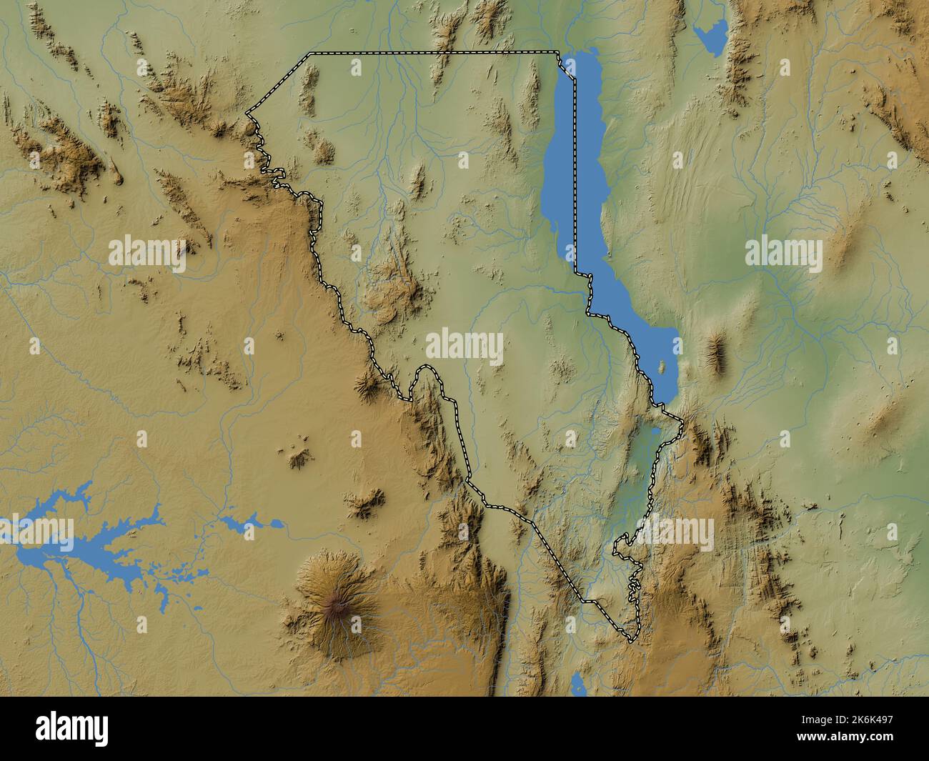 Turkana, county of Kenya. Colored elevation map with lakes and rivers ...