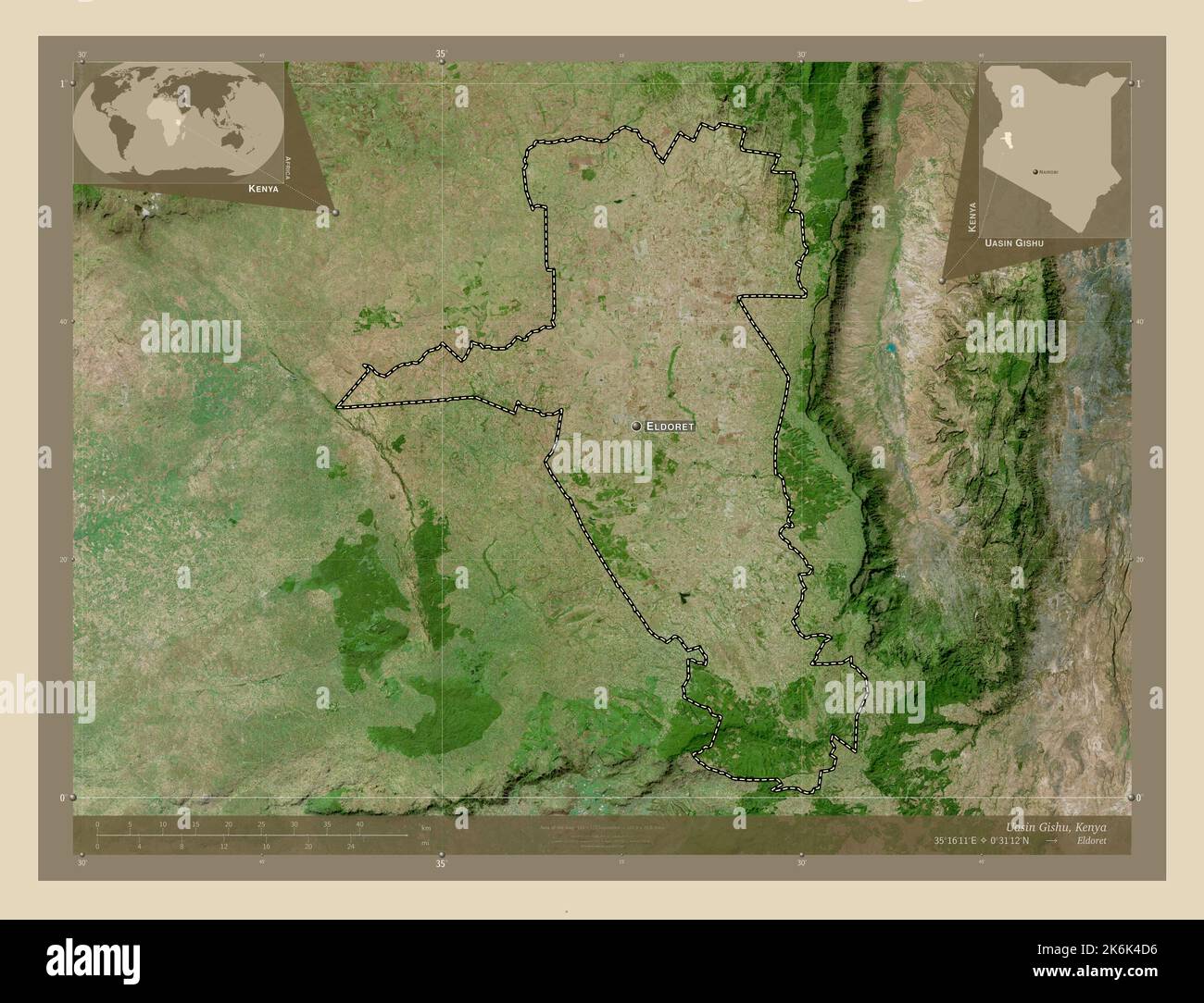 Uasin Gishu, county of Kenya. High resolution satellite map. Locations ...