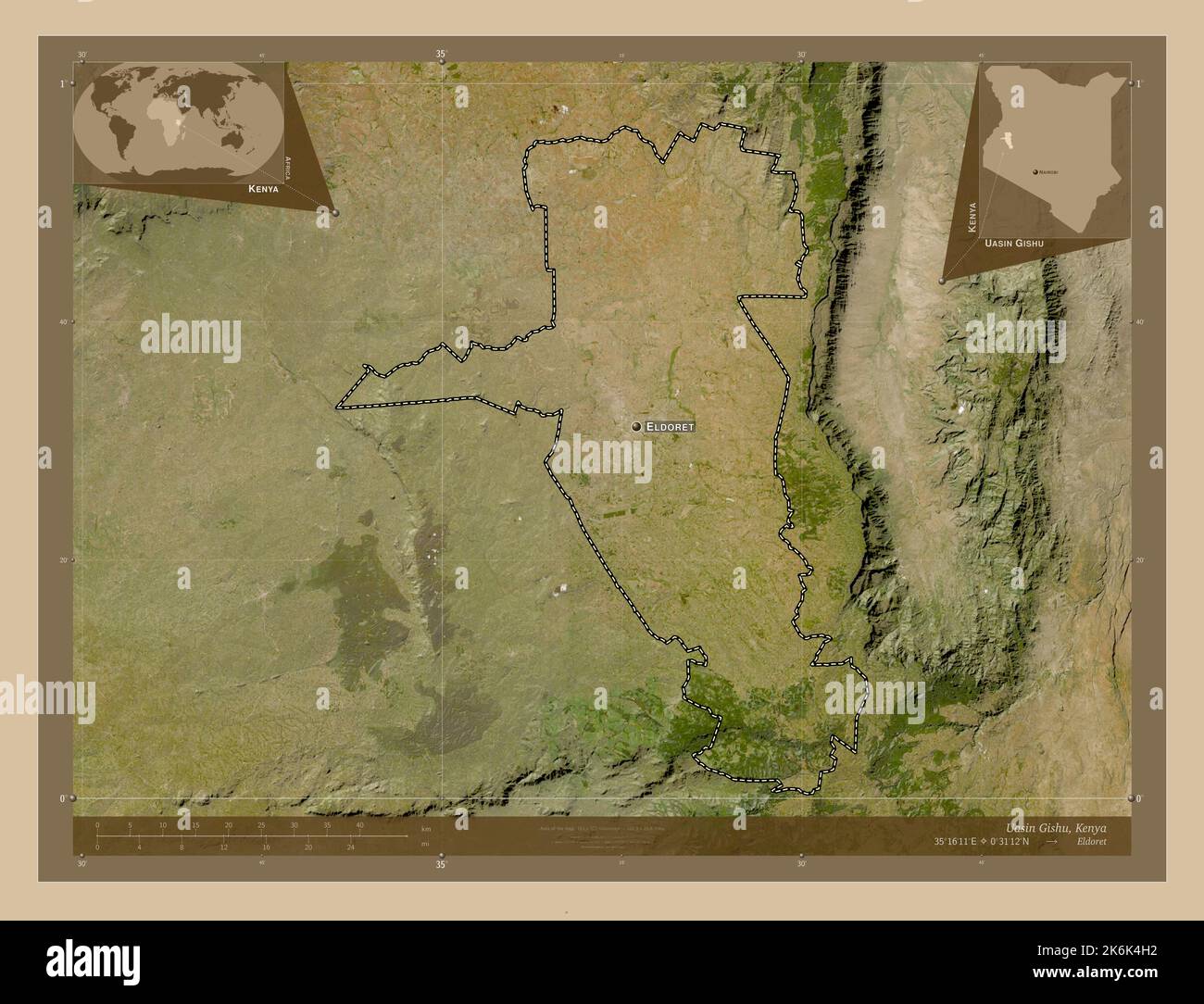 Uasin Gishu, county of Kenya. Low resolution satellite map. Locations ...