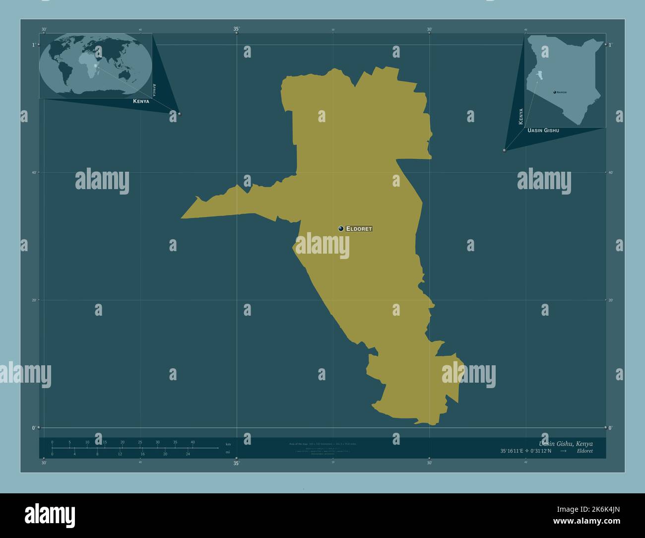 Uasin Gishu, county of Kenya. Solid color shape. Locations and names of ...