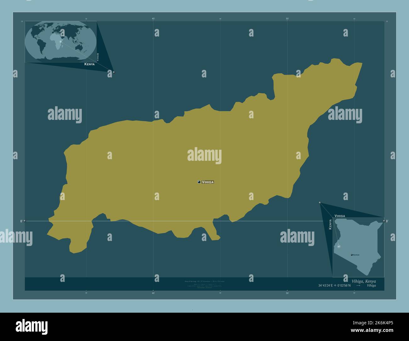 Vihiga, county of Kenya. Solid color shape. Locations and names of ...