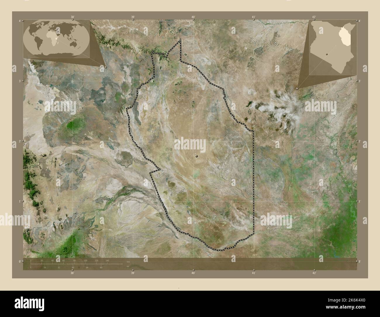 Wajir, county of Kenya. High resolution satellite map. Locations of ...