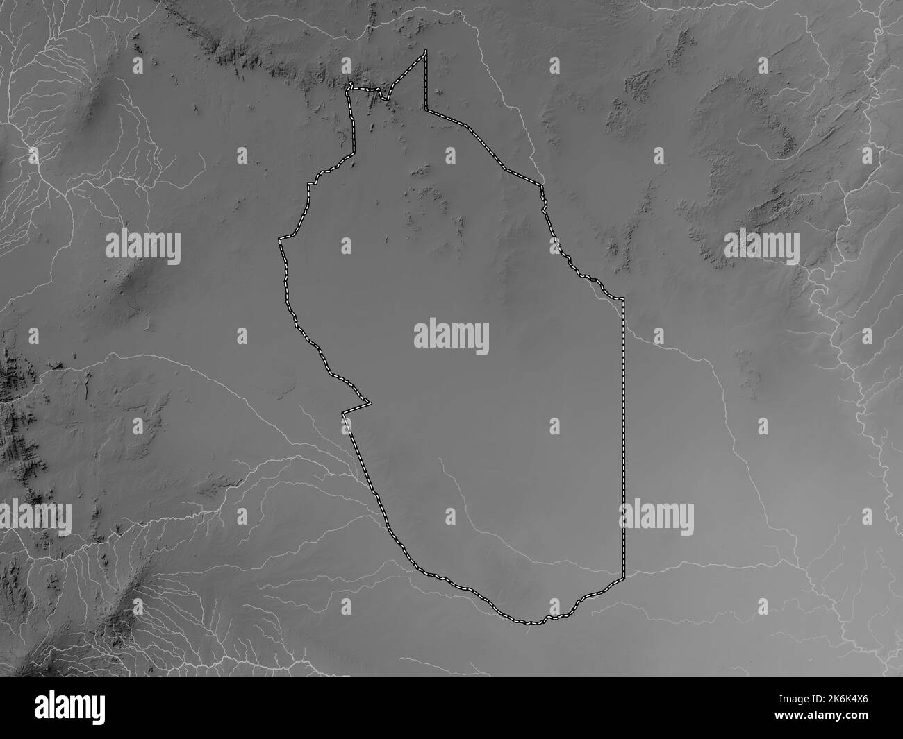 Wajir, county of Kenya. Grayscale elevation map with lakes and rivers ...