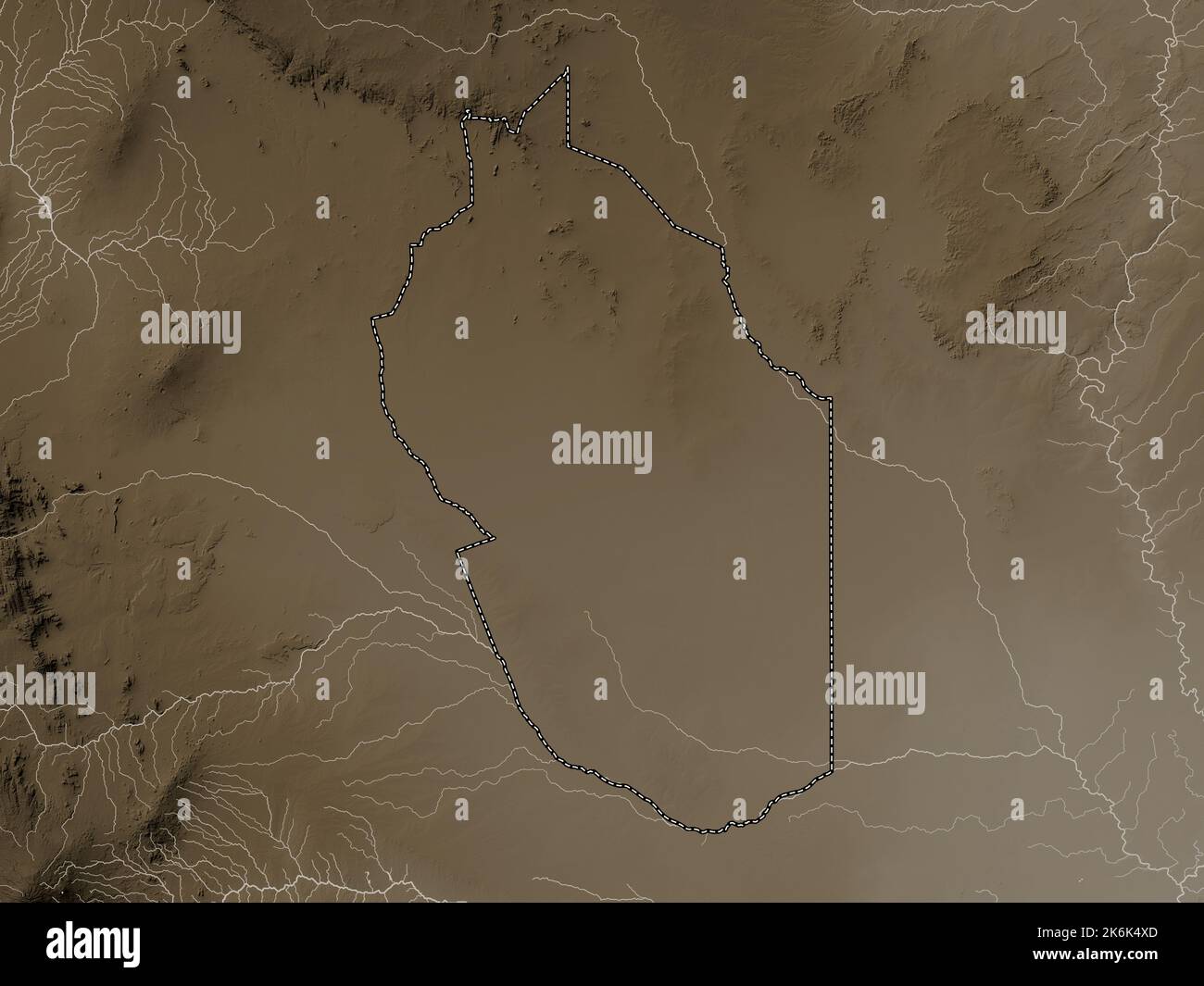 Wajir, county of Kenya. Elevation map colored in sepia tones with lakes ...