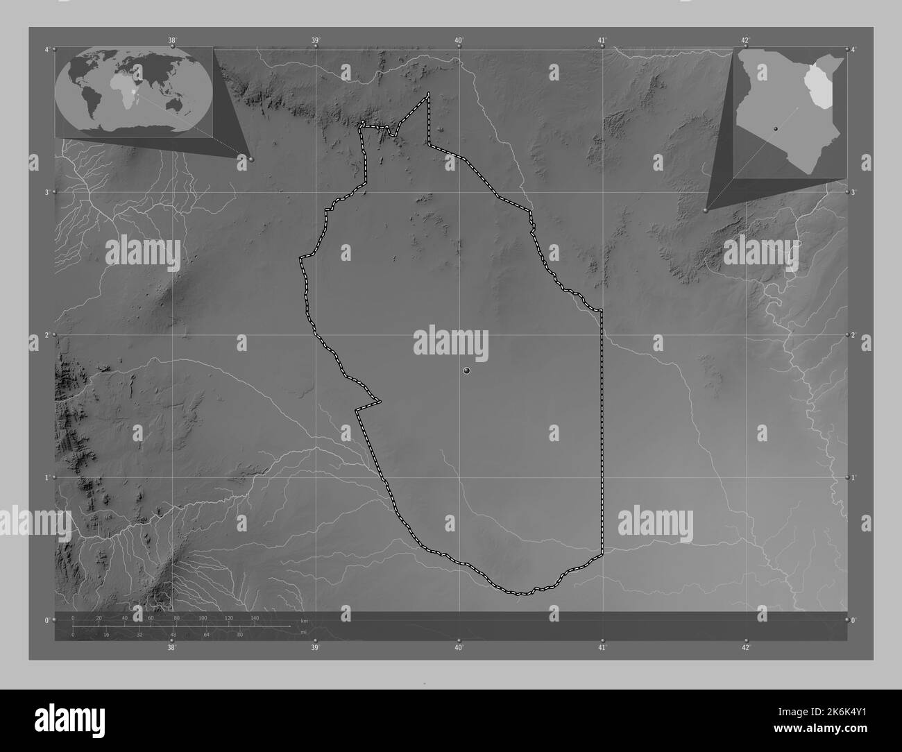 Wajir, county of Kenya. Grayscale elevation map with lakes and rivers ...