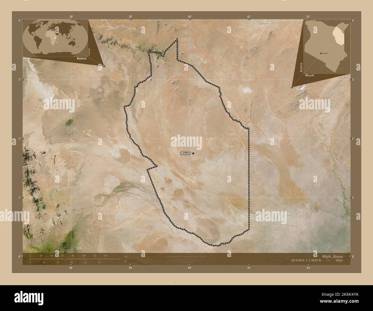 Wajir, county of Kenya. Low resolution satellite map. Locations and ...