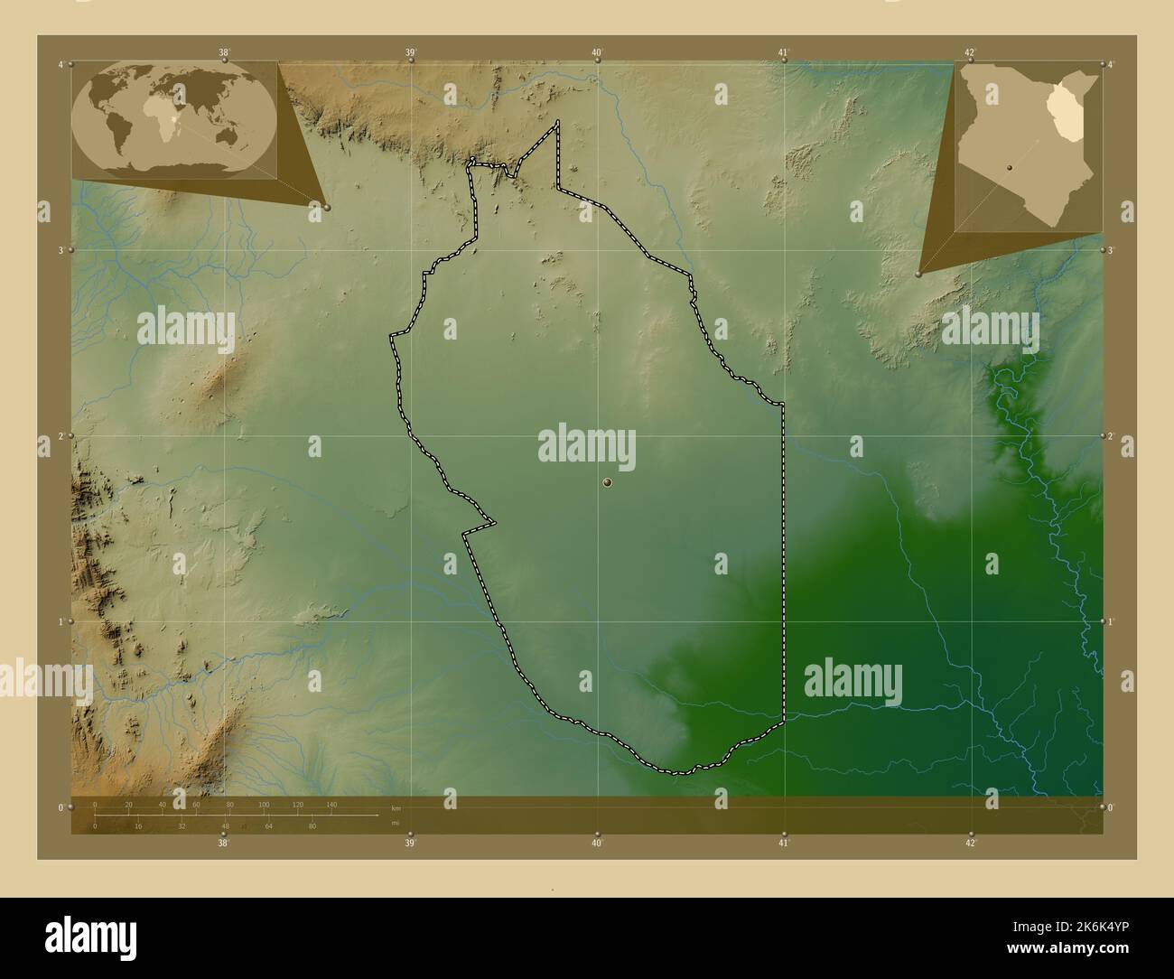 Wajir, county of Kenya. Colored elevation map with lakes and rivers ...