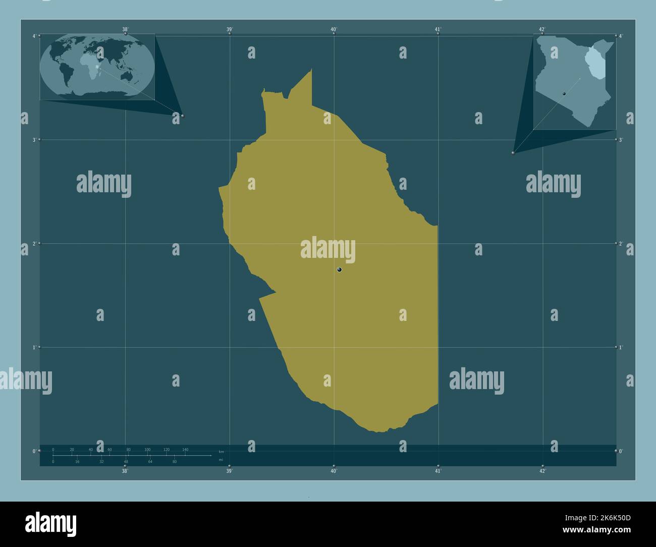 Wajir, county of Kenya. Solid color shape. Locations of major cities of ...