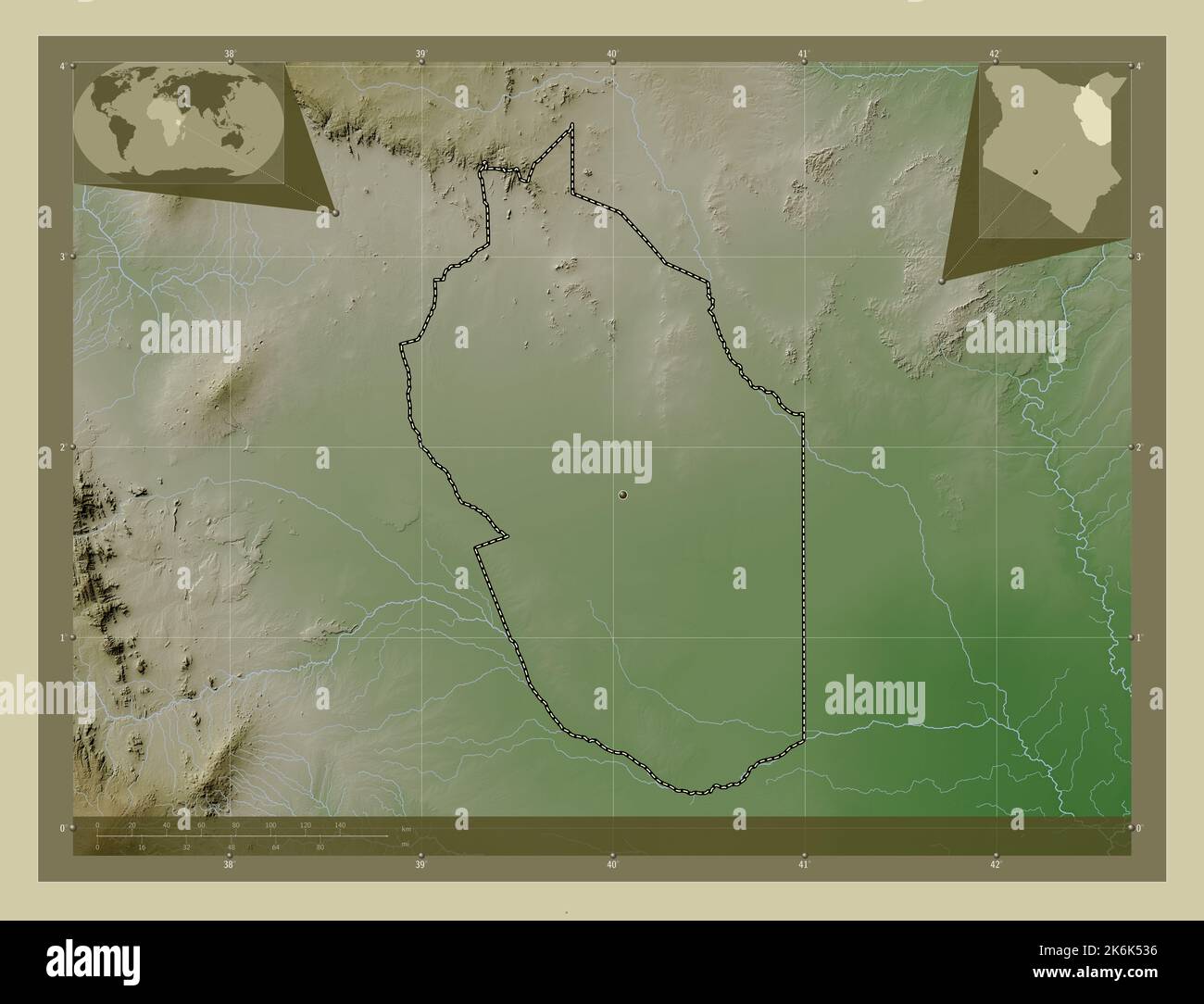 Wajir, county of Kenya. Elevation map colored in wiki style with lakes ...