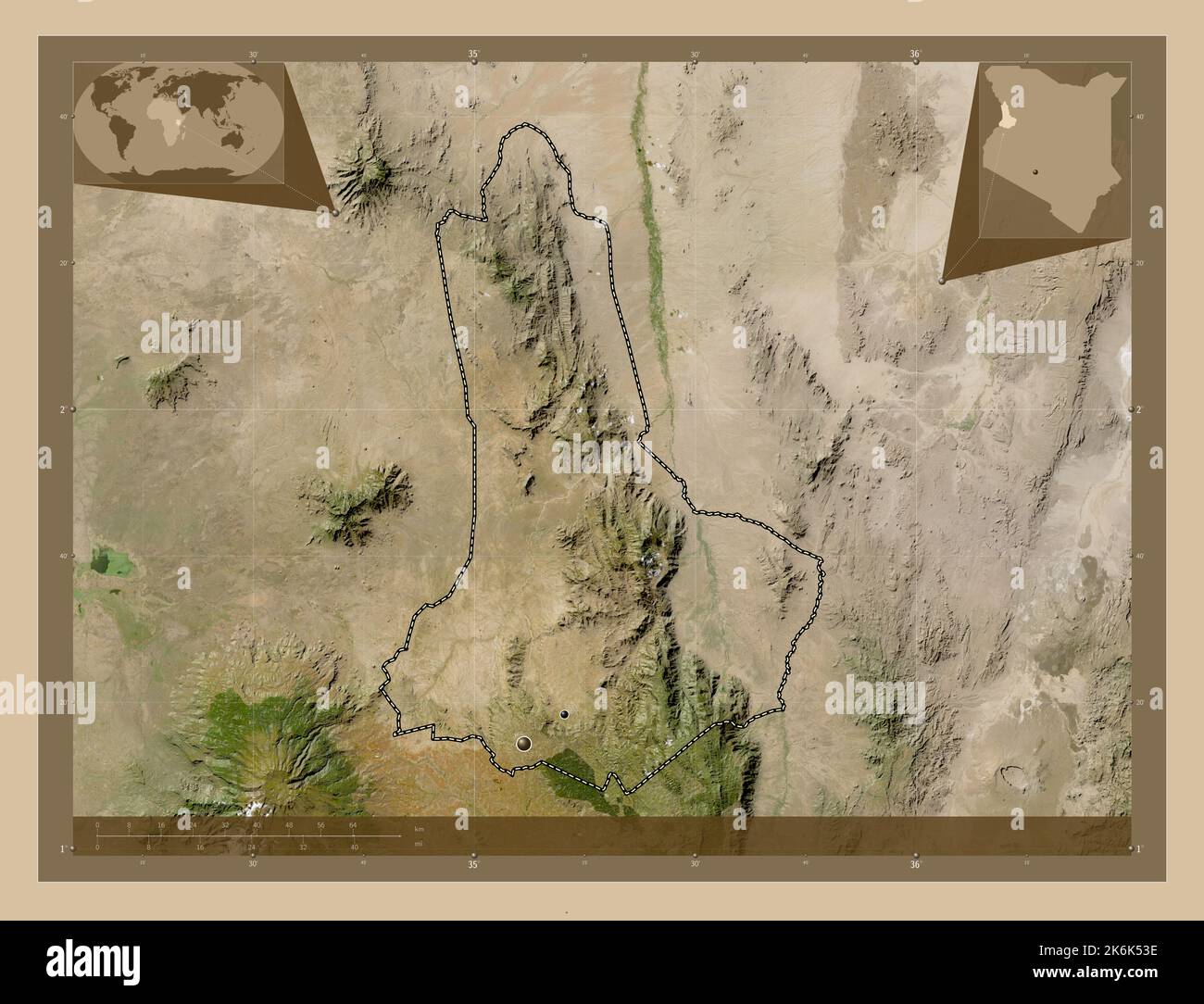 West Pokot, county of Kenya. Low resolution satellite map. Locations of ...
