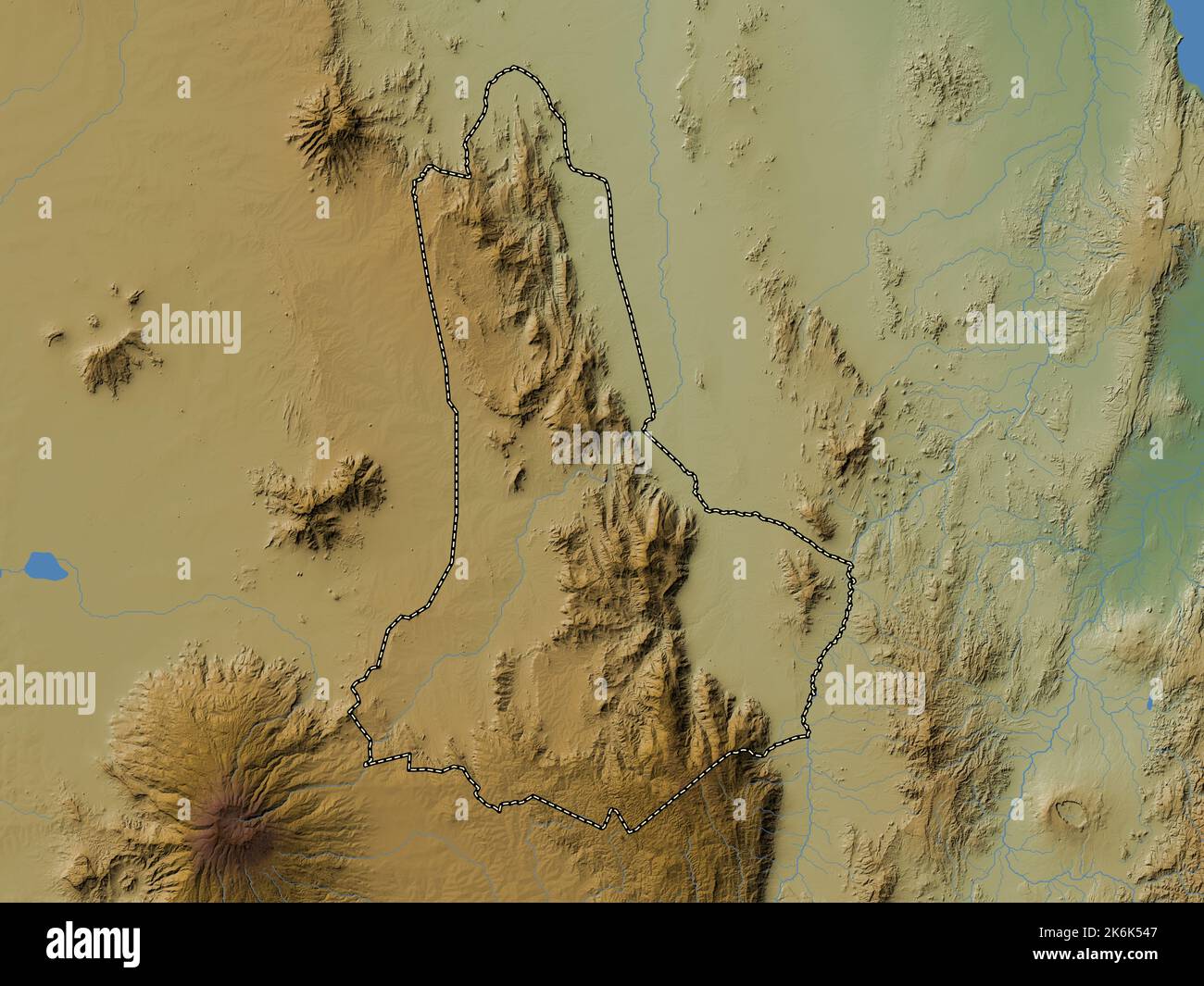 West Pokot, county of Kenya. Colored elevation map with lakes and ...
