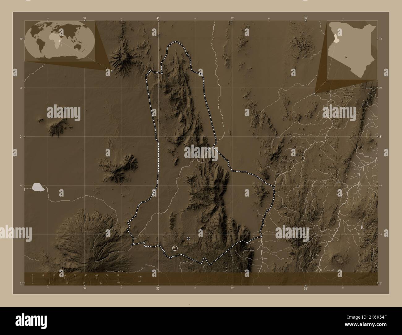 West Pokot, county of Kenya. Elevation map colored in sepia tones with ...