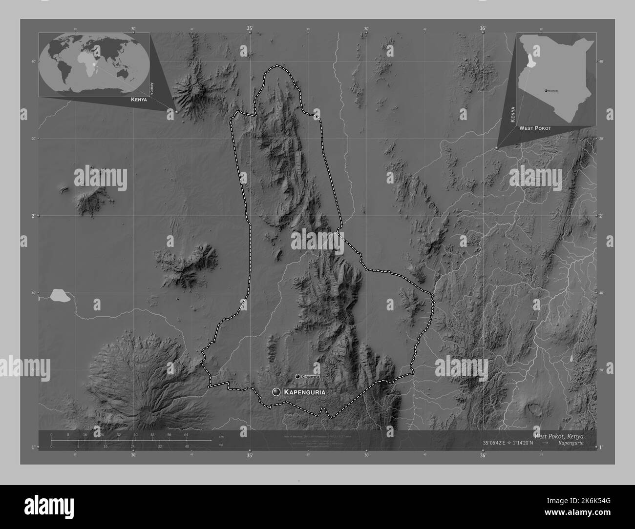 West Pokot, county of Kenya. Grayscale elevation map with lakes and ...
