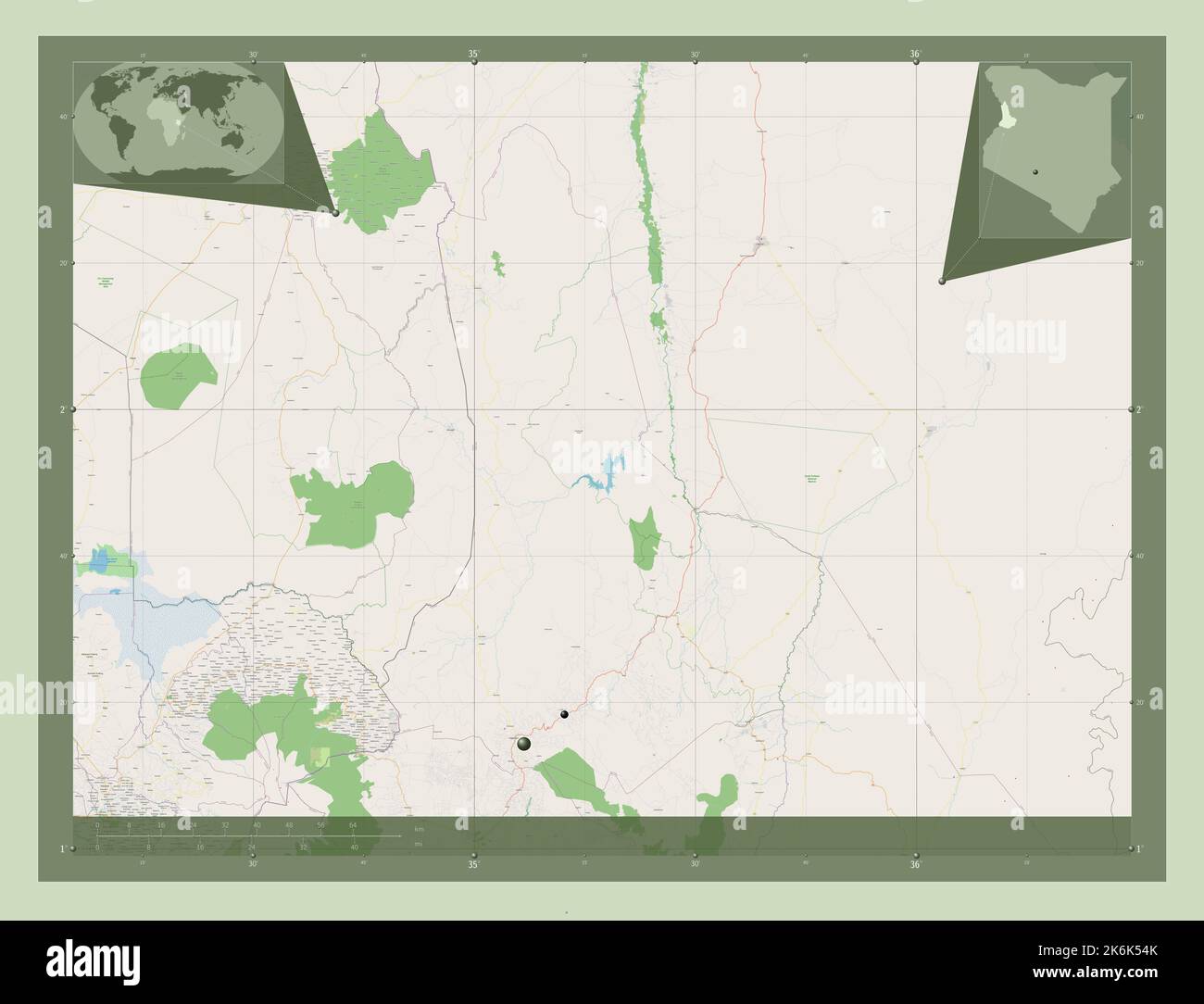 West Pokot, county of Kenya. Open Street Map. Locations of major cities ...