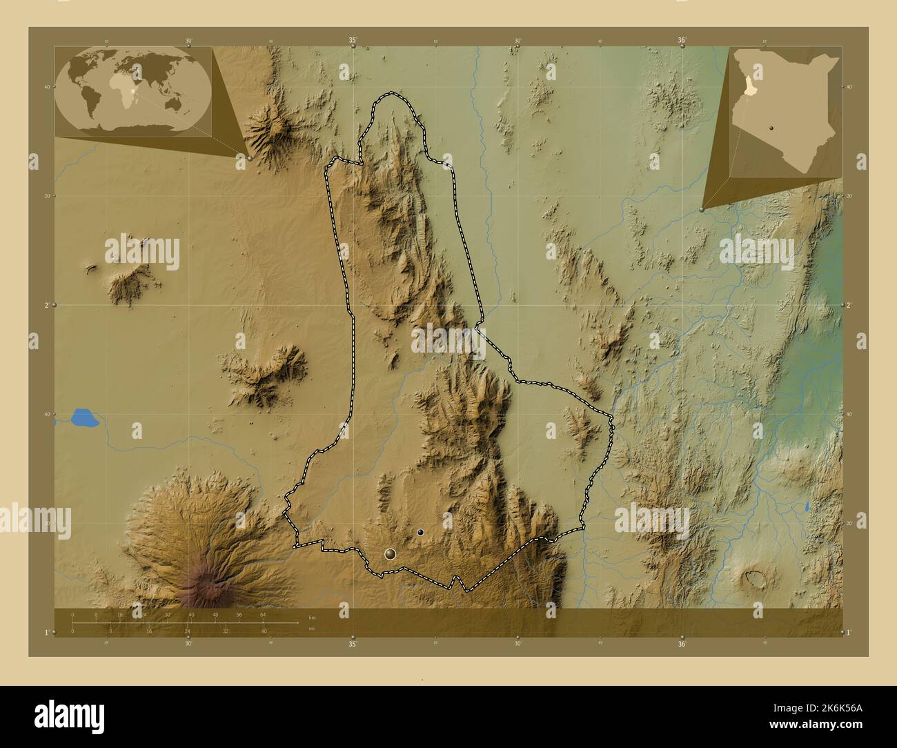 West Pokot, county of Kenya. Colored elevation map with lakes and ...