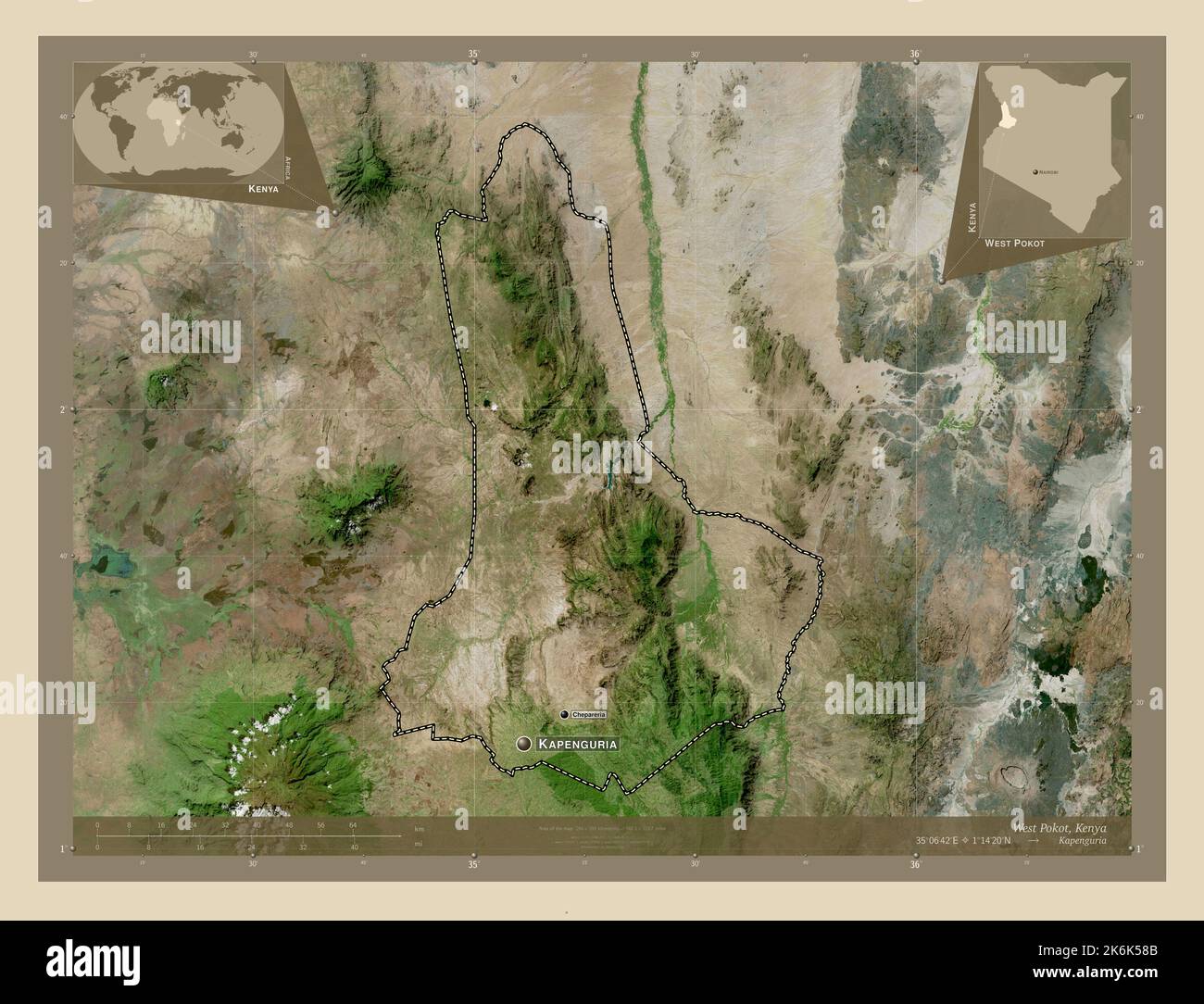 West Pokot, county of Kenya. High resolution satellite map. Locations ...
