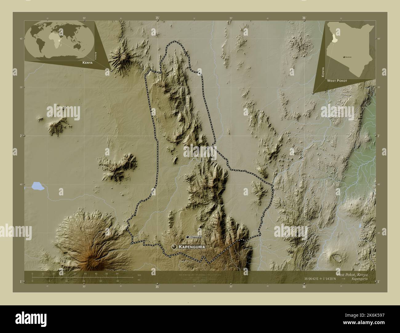 West Pokot, county of Kenya. Elevation map colored in wiki style with ...