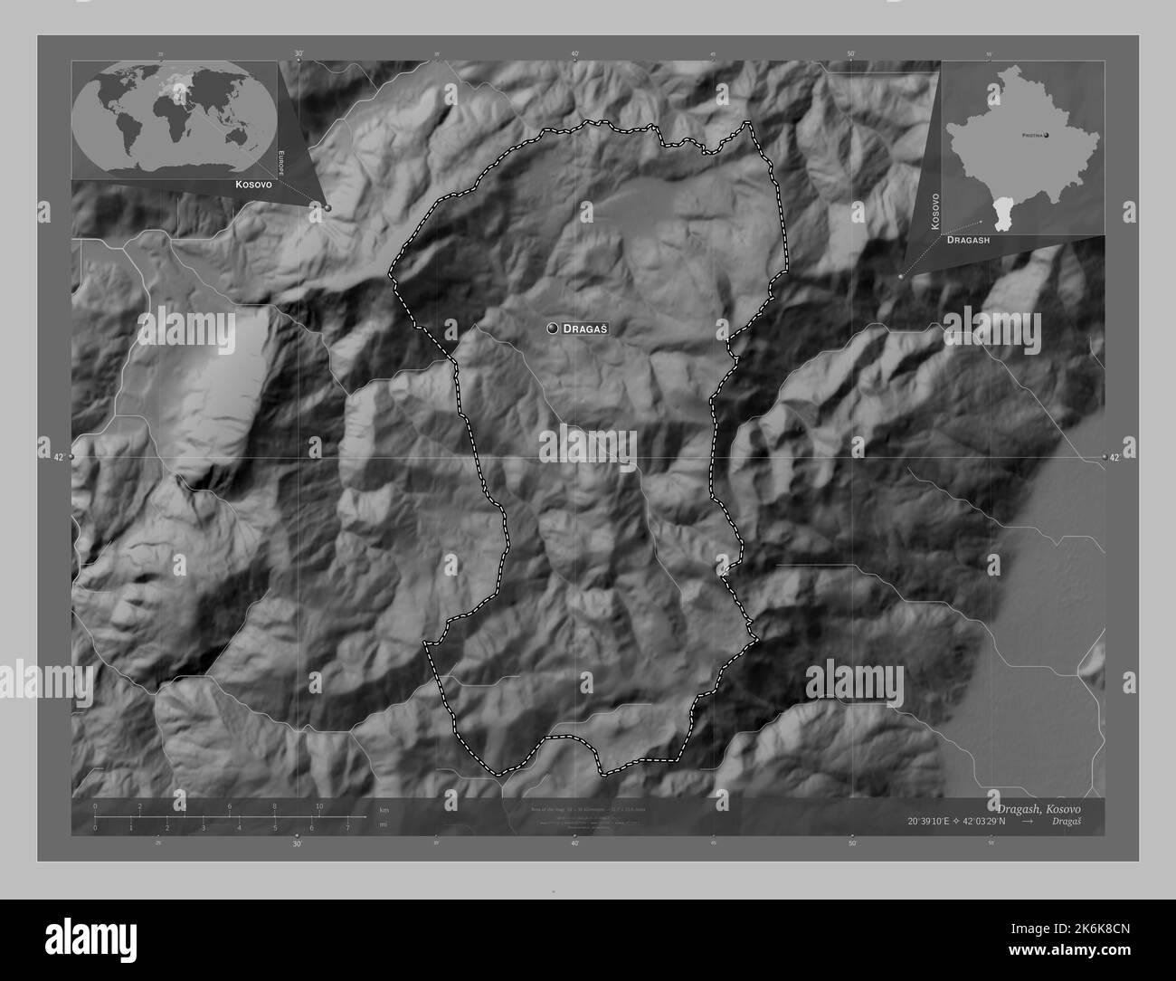 Dragash, municipality of Kosovo. Grayscale elevation map with lakes and ...