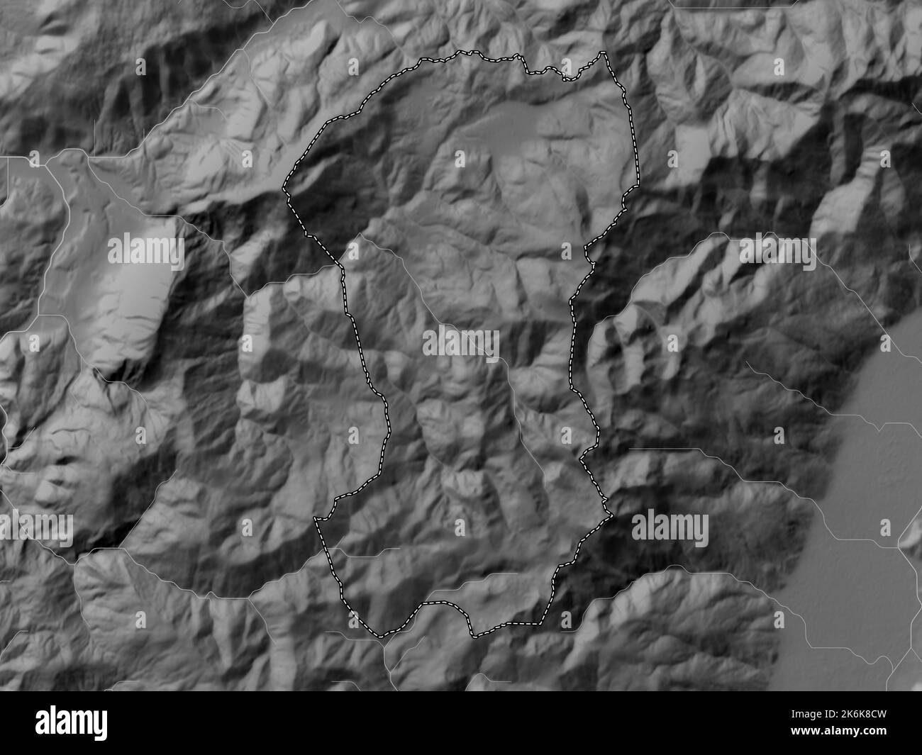 Dragash, municipality of Kosovo. Grayscale elevation map with lakes and ...