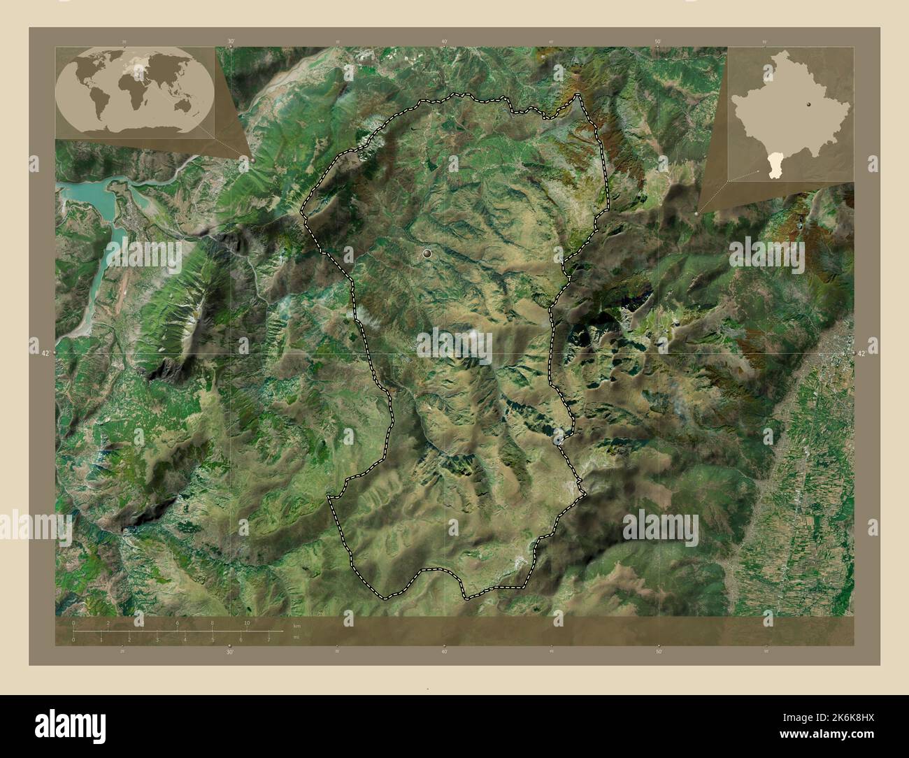 Dragash, municipality of Kosovo. High resolution satellite map. Corner ...