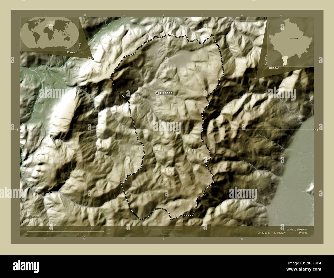 Dragash, municipality of Kosovo. Elevation map colored in wiki style with lakes and rivers ...