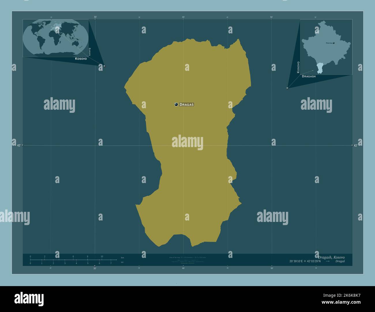 Dragash, municipality of Kosovo. Solid color shape. Locations and names ...