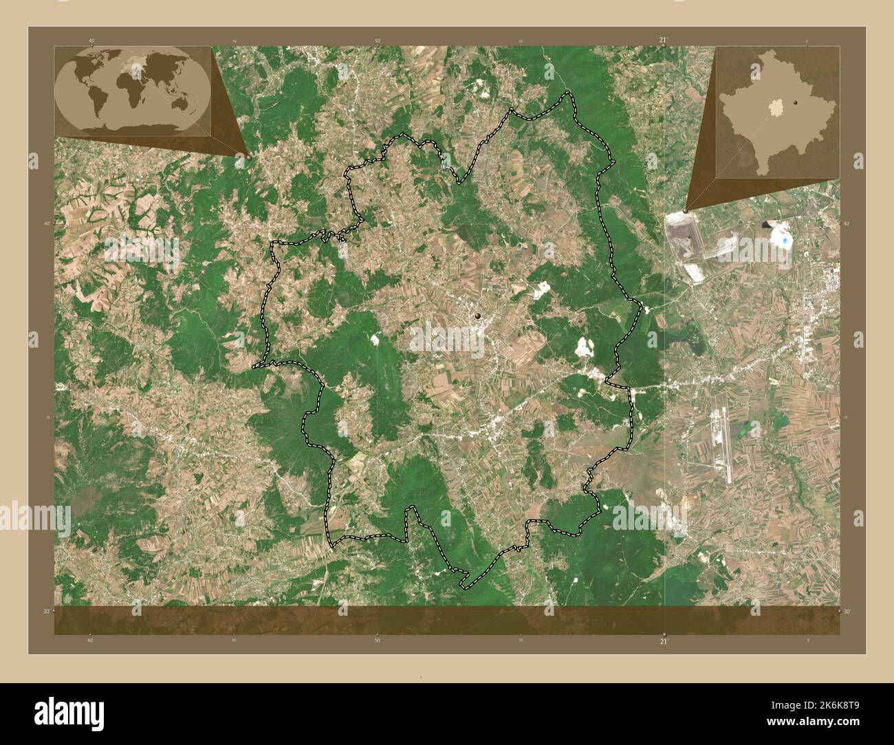 Drenas, municipality of Kosovo. Low resolution satellite map. Locations ...