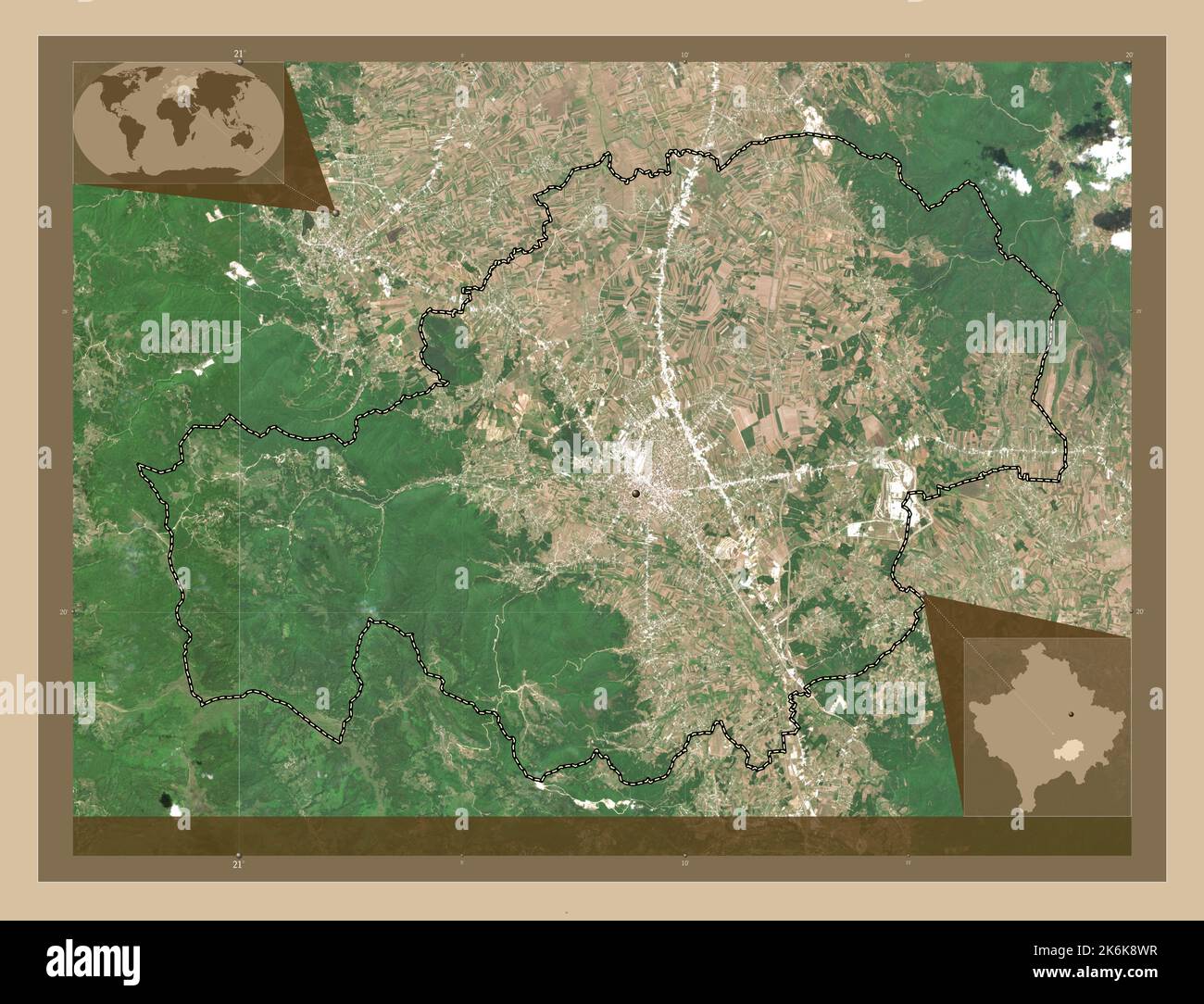 Ferizaj, municipality of Kosovo. Low resolution satellite map. Corner ...