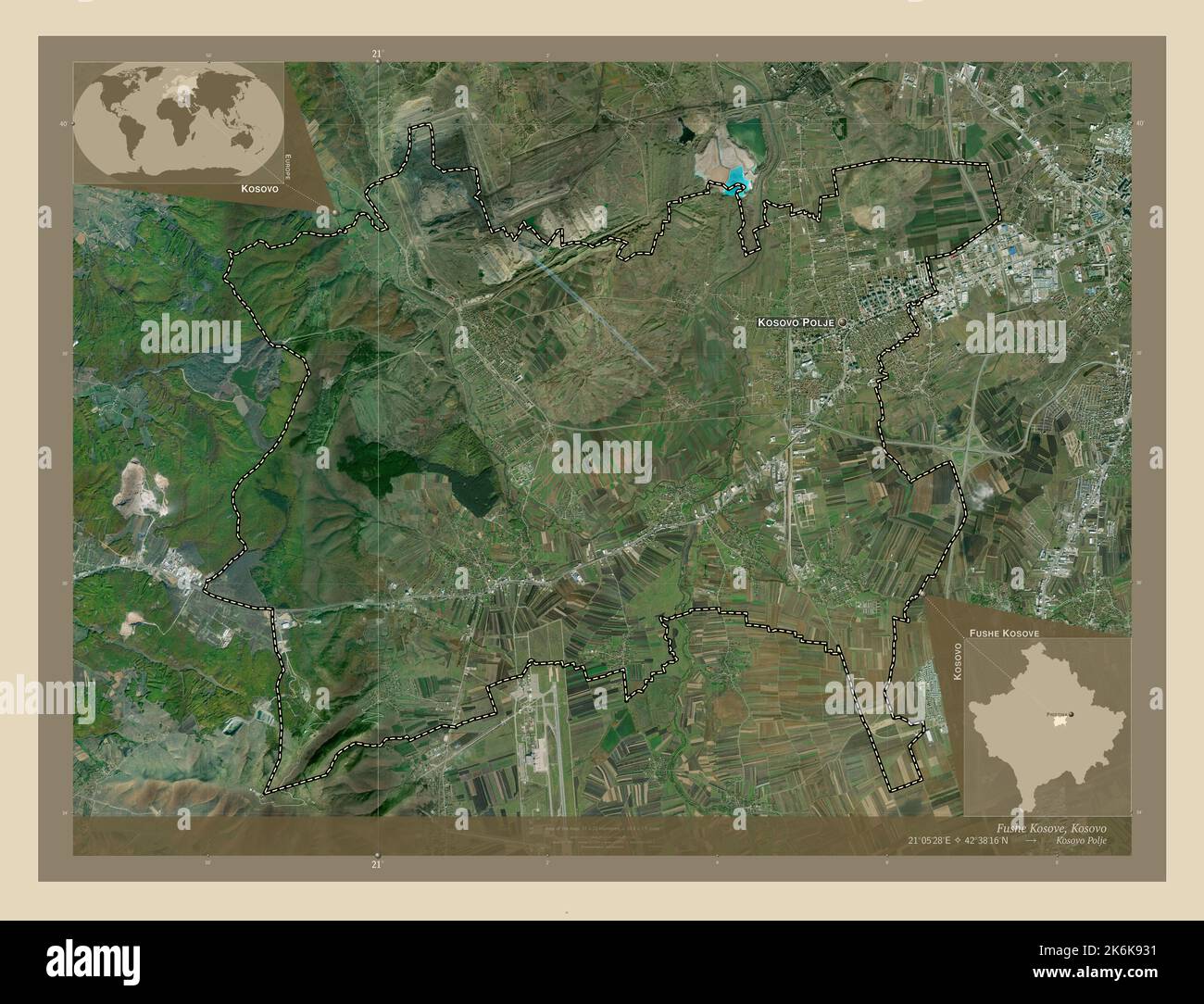Fushe Kosove, municipality of Kosovo. High resolution satellite map ...