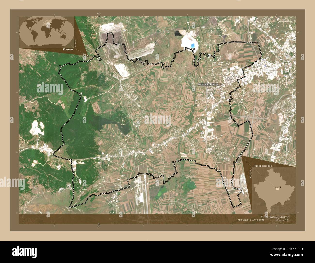 Fushe Kosove, municipality of Kosovo. Low resolution satellite map ...