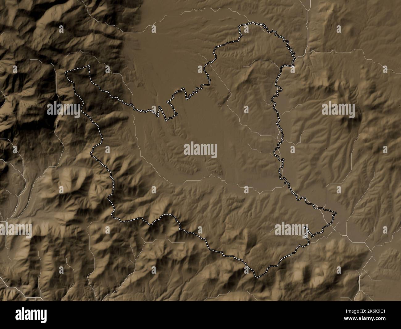 Gjakova, municipality of Kosovo. Elevation map colored in sepia tones with lakes and rivers ...