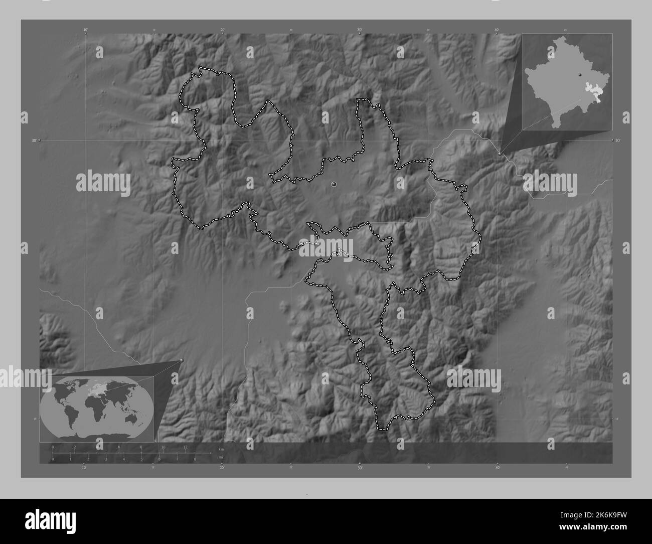 Gjilan, municipality of Kosovo. Grayscale elevation map with lakes and ...