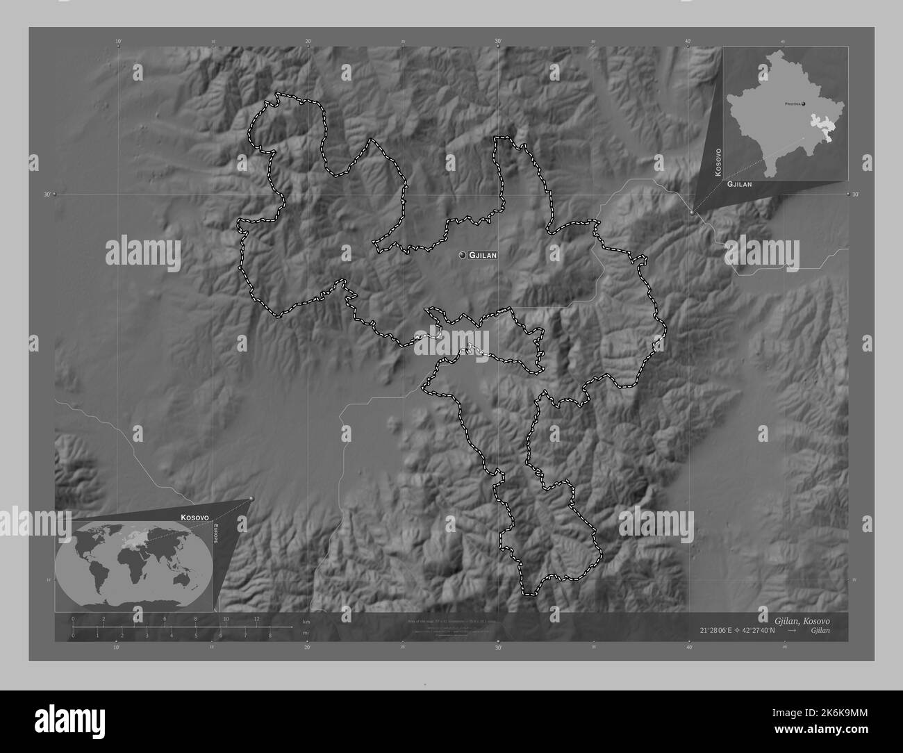 Gjilan, municipality of Kosovo. Grayscale elevation map with lakes and ...