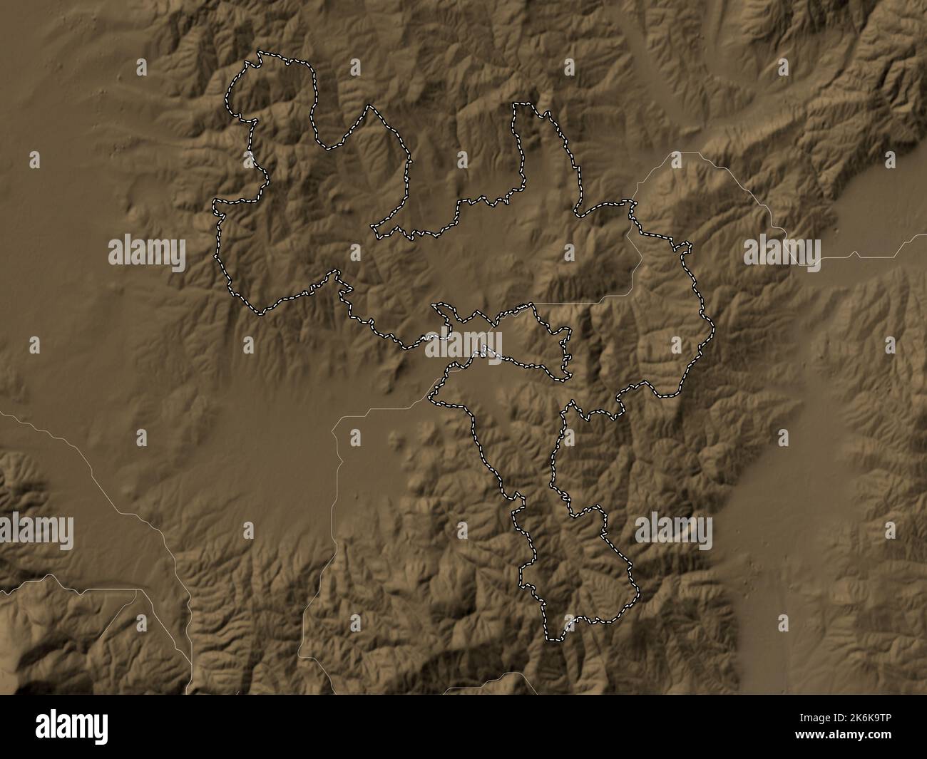 Gjilan, municipality of Kosovo. Elevation map colored in sepia tones ...