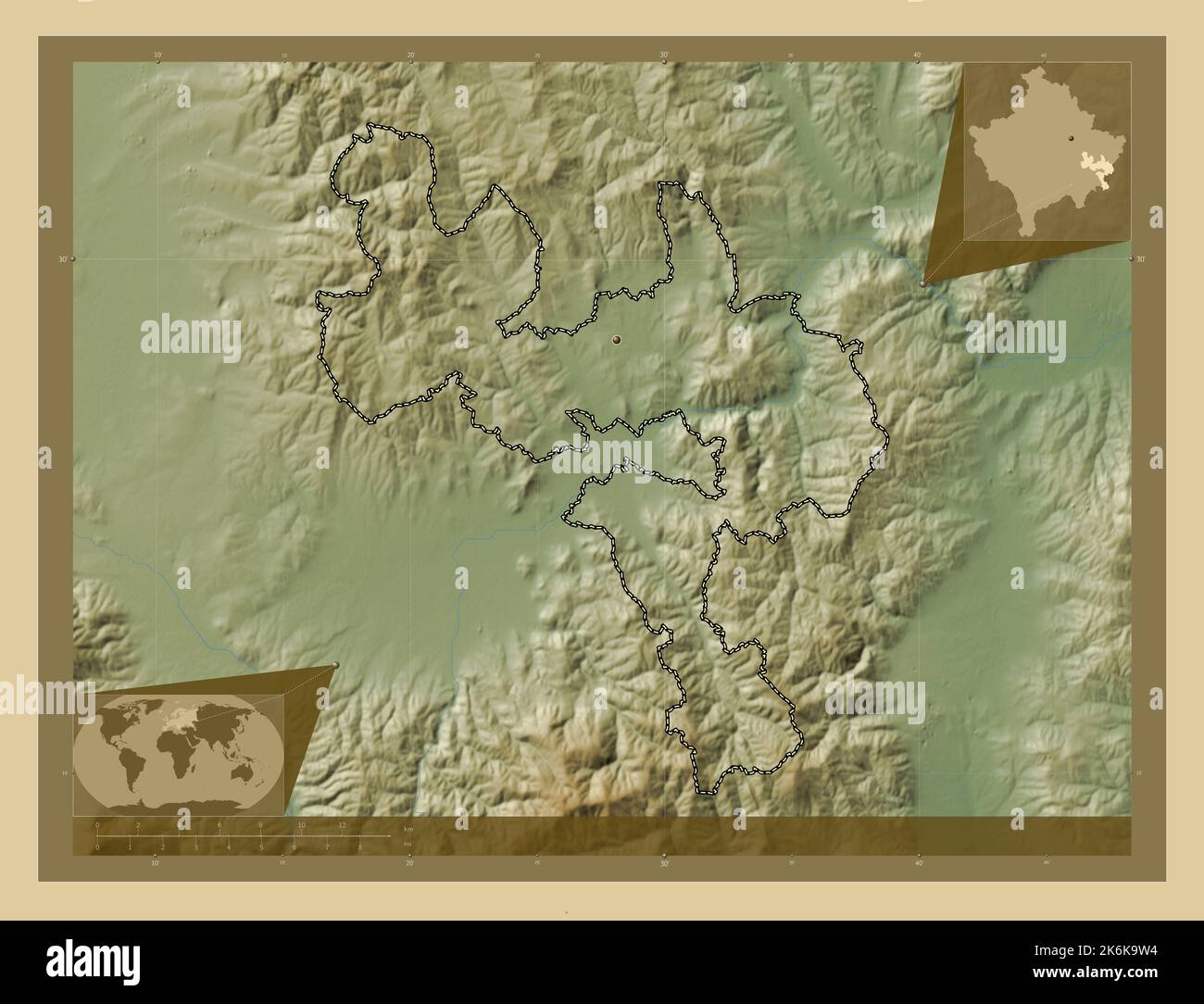 Gjilan, municipality of Kosovo. Colored elevation map with lakes and ...