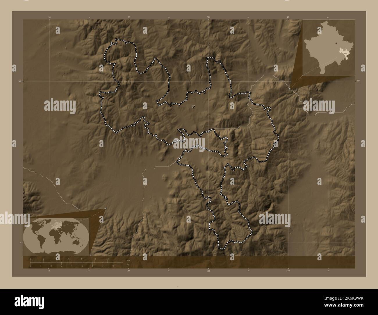 Gjilan, municipality of Kosovo. Elevation map colored in sepia tones ...