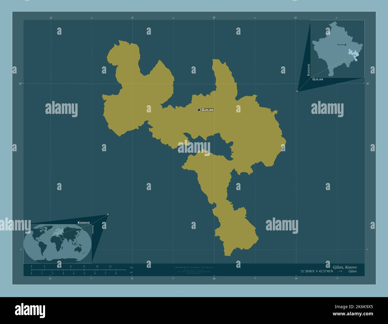 Gjilan, municipality of Kosovo. Solid color shape. Locations and names ...