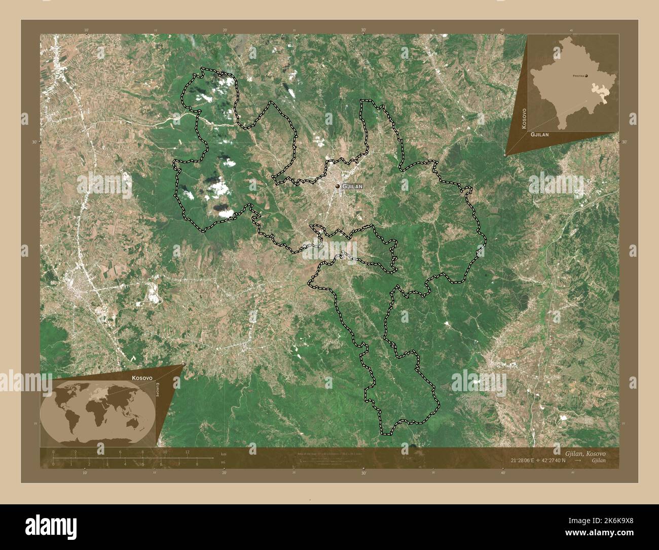 Gjilan, municipality of Kosovo. Low resolution satellite map. Locations ...